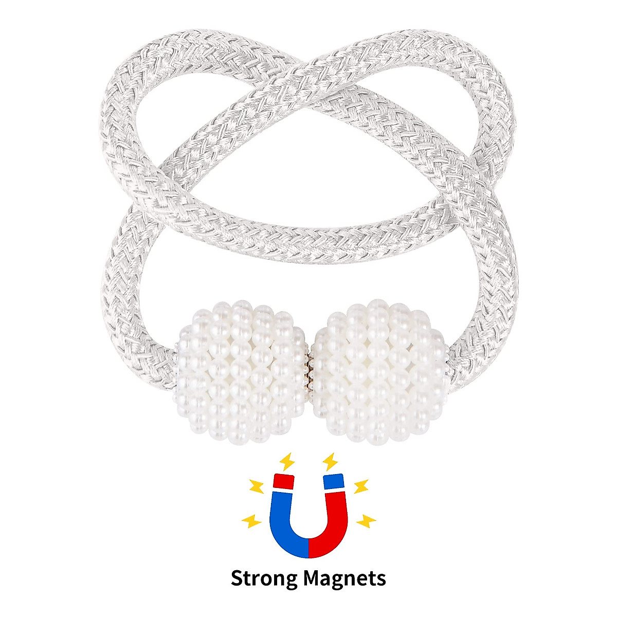 Kirecoo 2 Pack Curtain Tiebacks - Magnetic Curtain Tiebacks, Pearl Curtain Ties Decorative Rope, Curtain Holder Holdbacks for Drapes, Sheer Curtains (White)