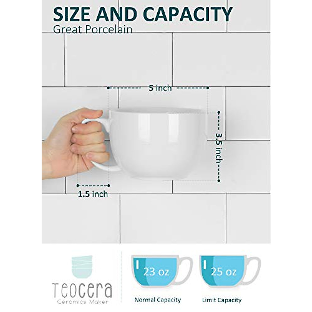 Teocera Porcelain Large Coffee Mugs Set, Jumbo Mugs, Soup Bowls with Handles, 24 Ounce for Coffee, Hot Cocoa, Cereal - Set of 4, White