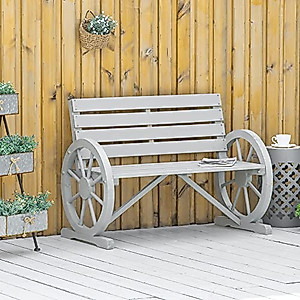 Outsunny Wooden Wagon Wheel Bench, Rustic Outdoor Patio Furniture, 2-Person Seat Bench with Backrest, Light Grey
