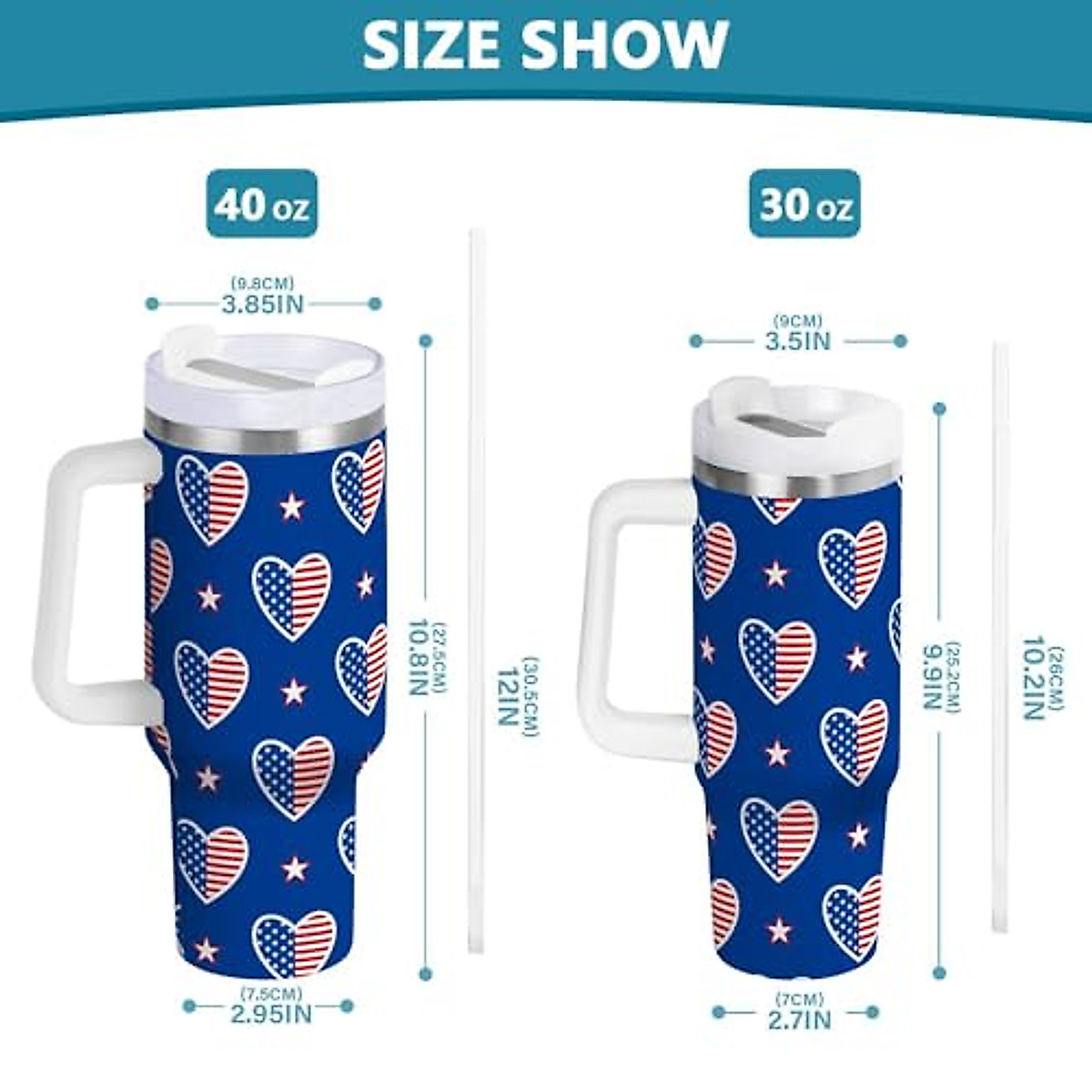 ARGTILDN 30 oz Tumbler 4th of July Hearts Insulated Travel Mug with Handle and Straw Lid Stainless Steel Vacuum Coffee Cup Tea Beverage Container Water Bottles for Car Sports office