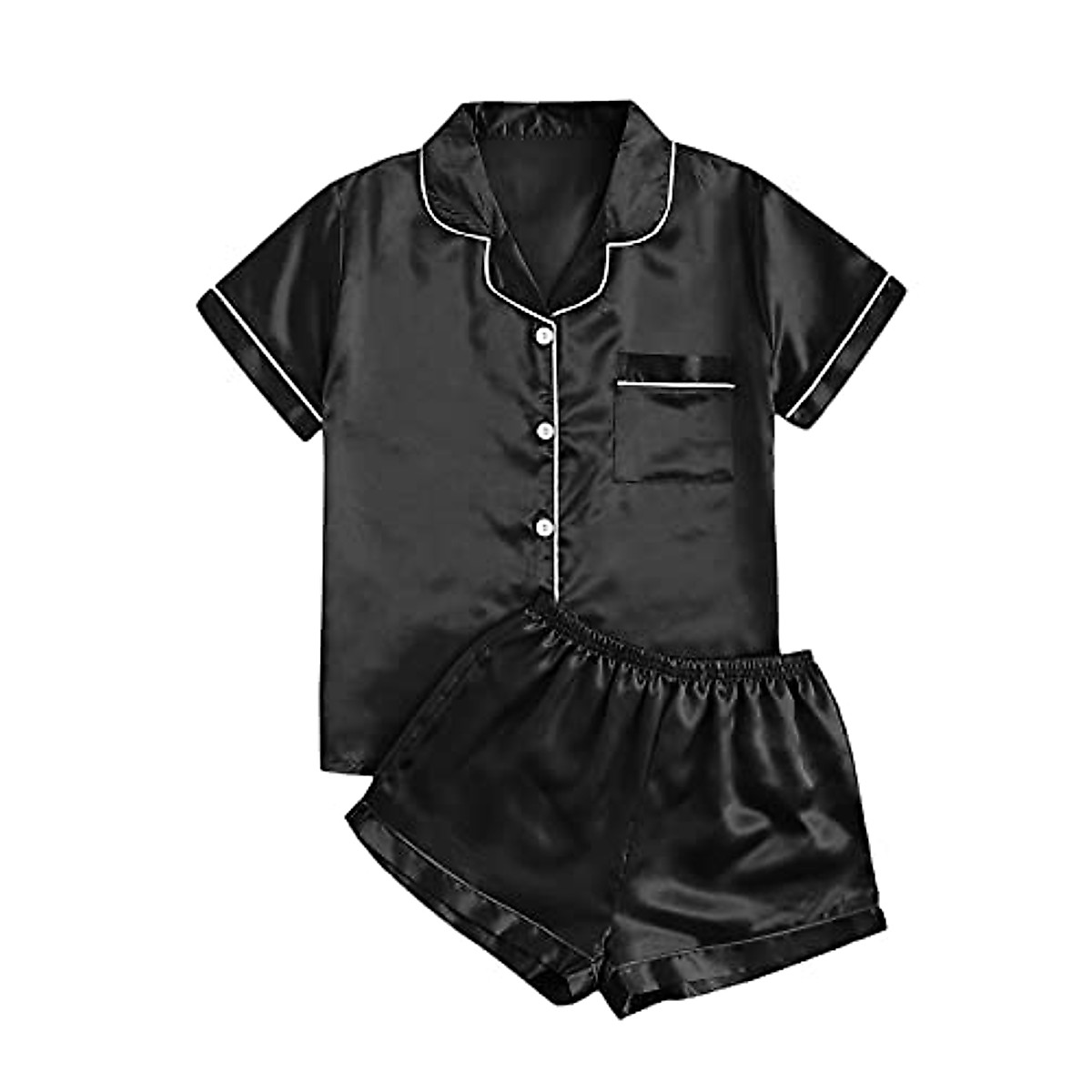 WDIRARA Women's Plus Sleepwear Satin Short Sleeve Shirt and Shorts Pajama Set Black 4XL