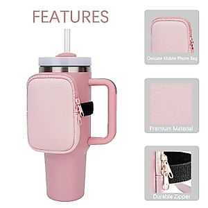 Water Bottle Pouch & Water Bottle Holder with Strap Set, Adjustable Shoulder Hand Strap Removable Fanny Pack Water Bottle Accessories for Stanley Quencher H2.0 Flowstate Tumbler 30 oz 40 oz Pink