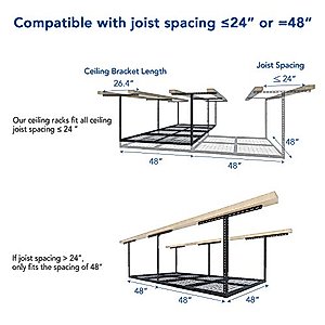 FLEXIMOUNTS 4x8 Overhead Garage Storage Rack w/Hooks Adjustable Ceiling Storage Rack, 96" Length x 48" Width x 40" Height, 22''-40" Ceiling Dropdown, Black