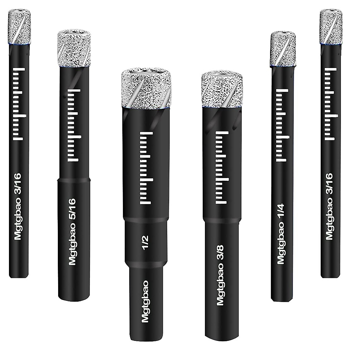 Mgtgao 6pc Black Dry Diamond Drill Bits Set for Granite Ceramic Marble Tile Stone Glass Hard Materials (not for Wood), Round Shank 3/16”, 1/4”, 5/16”, 3/8”, 1/2 ” with Storage Case