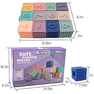 Maikerry 12PCS Blocks,Soft Stacking Blocks Bath Toys,Squeeze Play with Animals, Shapes, Textures, Numbers,Fruit,Early Educational Learning Stacking Blocks Tower, Best Gift for Toddlers