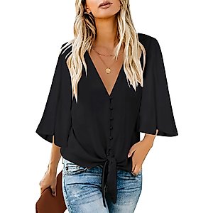 luvamia Women's V Neck Tops Ruffle 3/4 Sleeve Tie Knot Blouses Button Down Shirts, Black Button Down Size XL