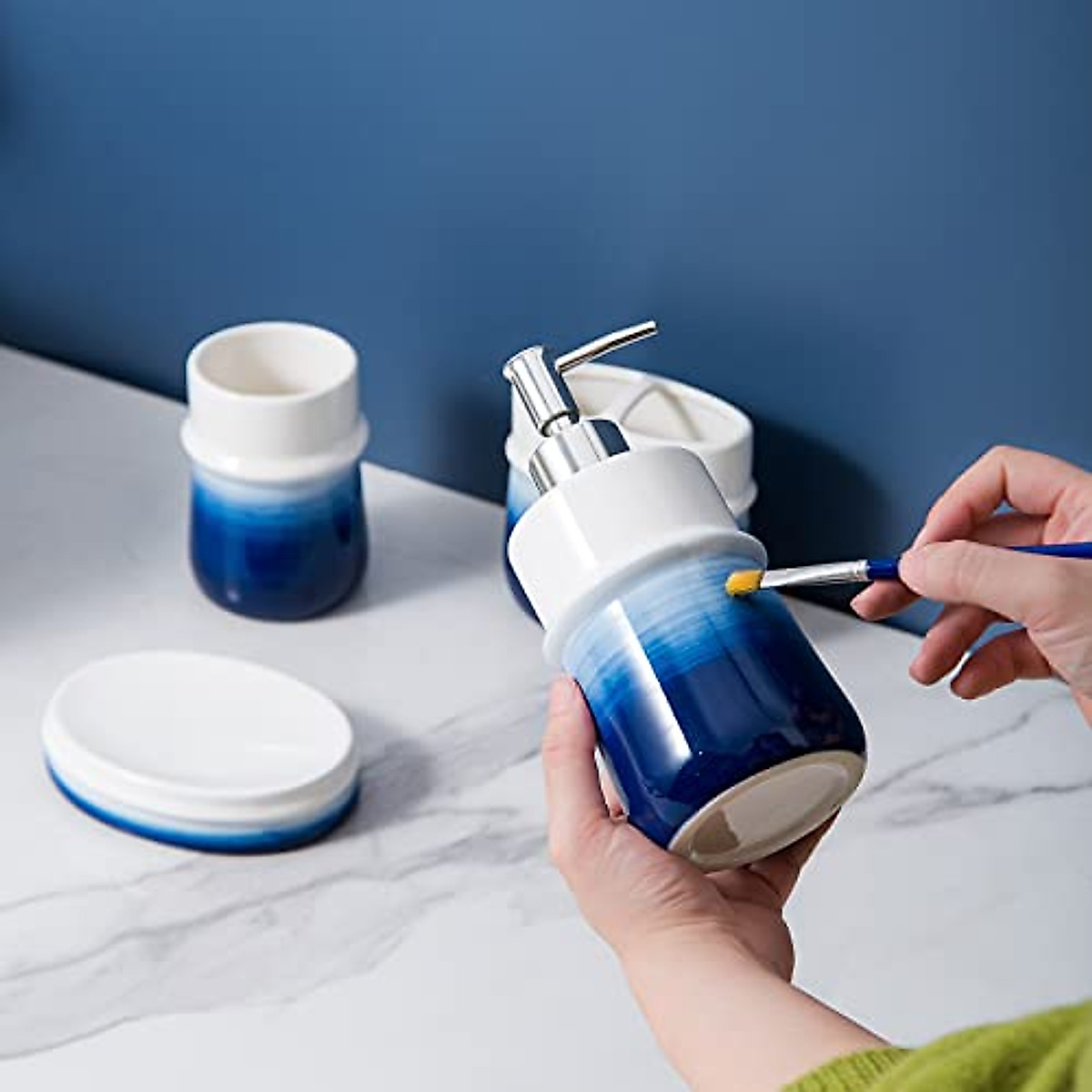 RZCNC Navy Blue Bathroom Accessories Set, 4-Piece Blue Ceramic Bathroom Decorations Accessories Set,Contain Toothbrush Cup,Soap Dispenser,Soap Dish,Tumbler
