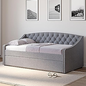 DG Casa SUVA Traditional Upholstered Daybed with Trundle Platform Bed Frame with Diamond Button Tufting Nailhead Trim and Full Wooden Slats, Box Spring not Required - Twin Size Day Bed in Gray Fabric