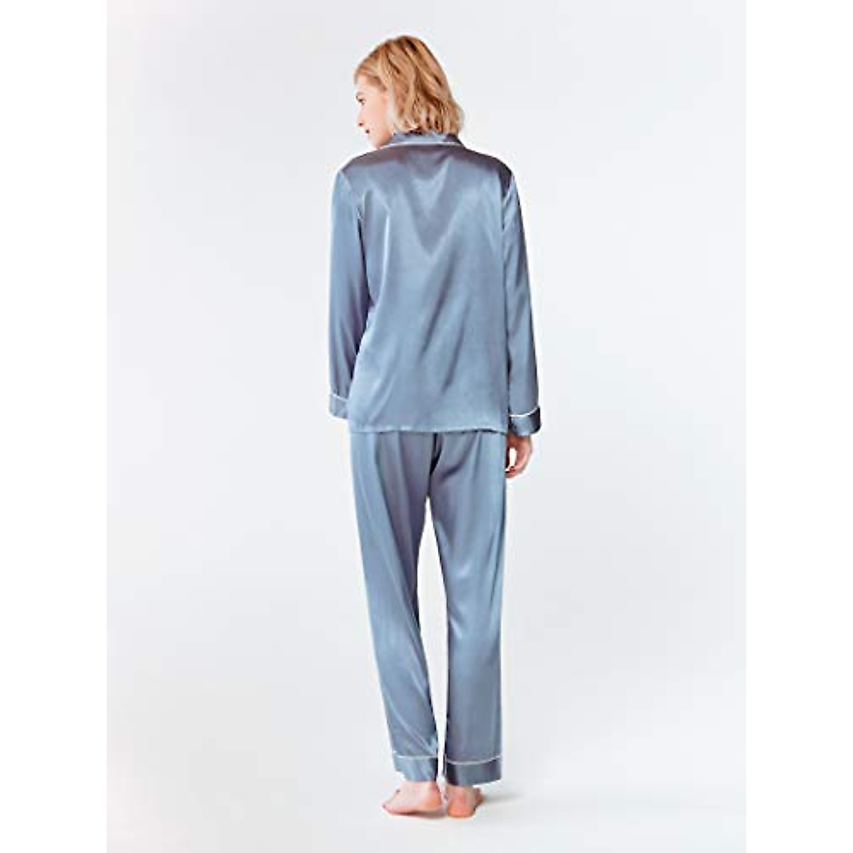 SIORO Silky Pajamas for Women Satin Pajama Sets Long Sleeve Button Down Sleepwear PJ's Soft Loungewear, Blue Grey, Medium