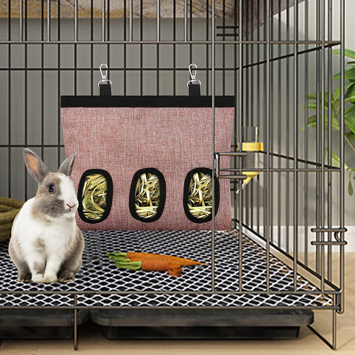 Bunny Hay Feeder Bag，Rabbit Hay Feeder Bag for Cage Guinea Pig Timothy Hay Dispenser Storage Manger Hanging Large Less Waste for Bunny (Light coffee color)