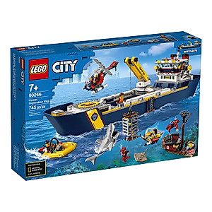 LEGO City Ocean Exploration Ship 60266, Toy Exploration Vessel, Mini Helicopter, Submarine, Shipwreck with Treasure, Lifeboat, Stingray, Shark, Plus 8 Minifigures (745 Pieces)