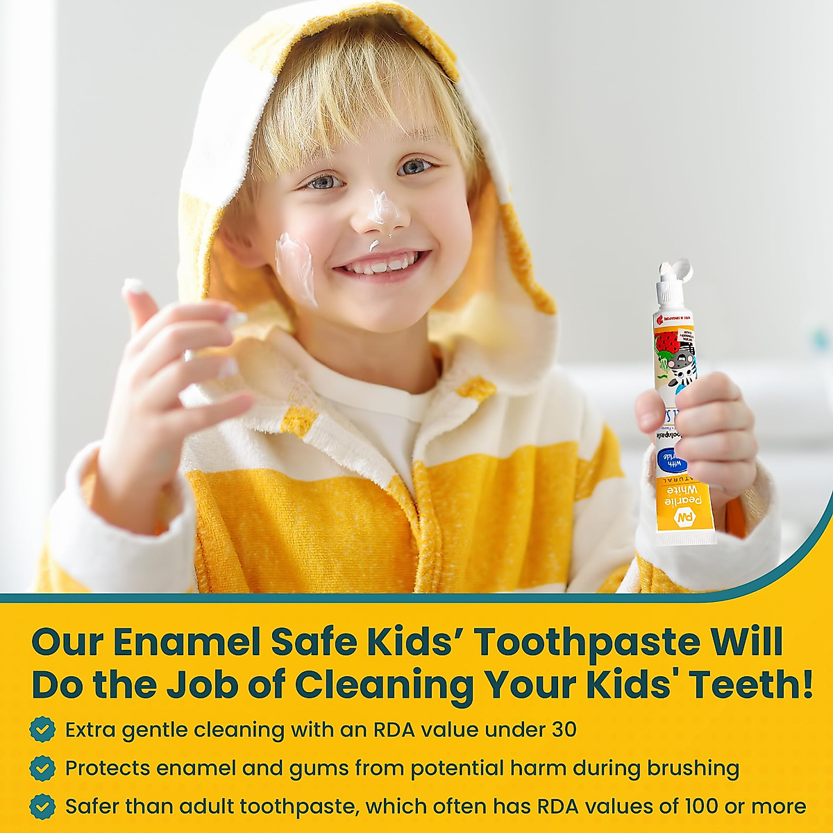 Pearlie White 99.78% Natural Fluoride Kids Toothpaste (1.58oz, 45gm) | Kids Toothpaste with Fluoride | Extra Gentle Enamel Safe Toothpaste for Kids | Low RDA | Natural Strawberry Flavor