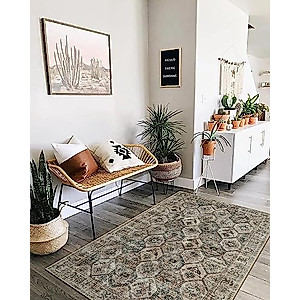 Lahome Entryway Rugs Indoor Small 3x5 Area Rug, Bathroom Rugs Non Slip Washable, Geometric Tribal Non Skid Throw Rugs with Rubber Backing for Bedroom Kitchen Living Room Front Door, Antique/Moss