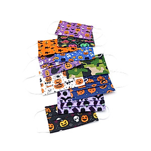 SIPA 50 PCS Kids Disposable Face Masks,Trick-or-treat Skull Pumpkin Bat Print Fabric Protection with Elastic Earloops 3 layer protection for kids Daily Use Breathable & Comfortable