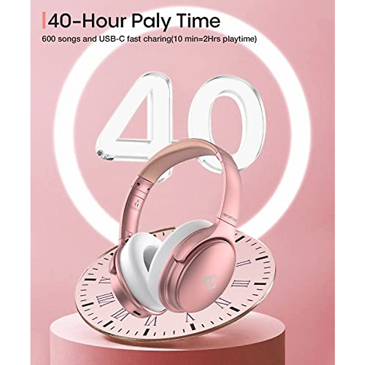 INFURTURE Rose Gold Active Noise Cancelling Headphones with Microphone Wireless Over Ear Bluetooth Headphones, Deep Bass, Memory Foam Ear Cups, Quick Charge 40H Playtime, for TV, Travel, Home Office