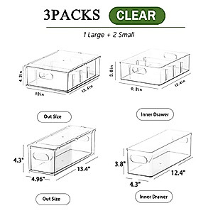 bealy 3 Pack Refrigerator Organizer Bins with Pull-out Drawer,Fridge Drawers Clear Stackable Storage Bins Containers for Freezer, Refrigerator, Fridge Organization,Kitchen Organization and Storage