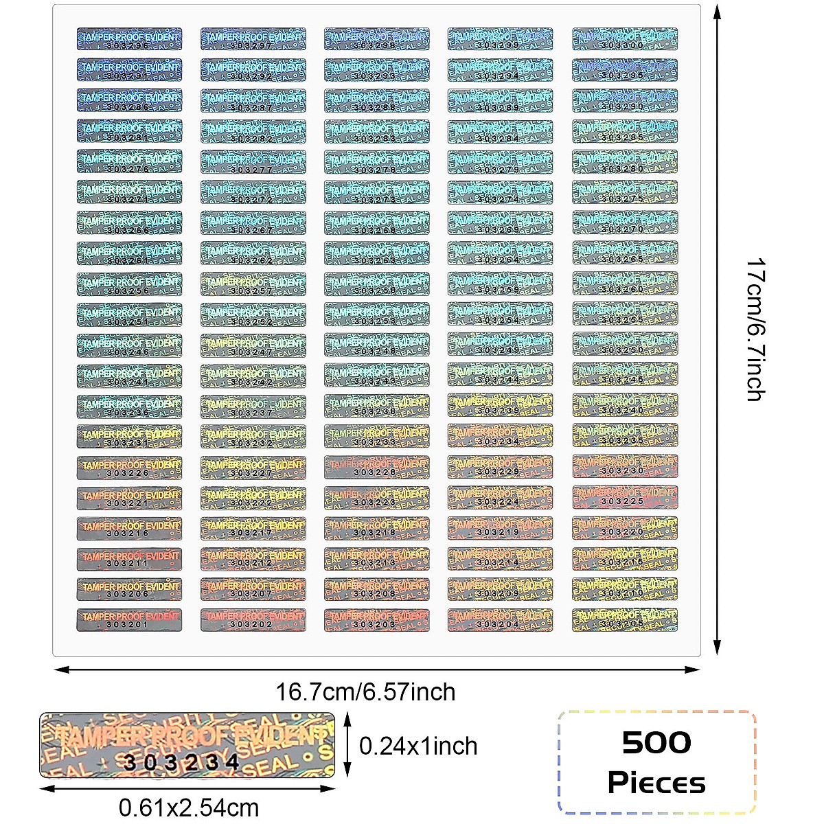 Marspark 500 Pieces Silver Security Tamper Evident Seals Stickers Void Original Genuine Authentic Hologram Labels Tamper Proof Evident Stickers Sequential Serial Numbering, 0.24 x 1 Inch