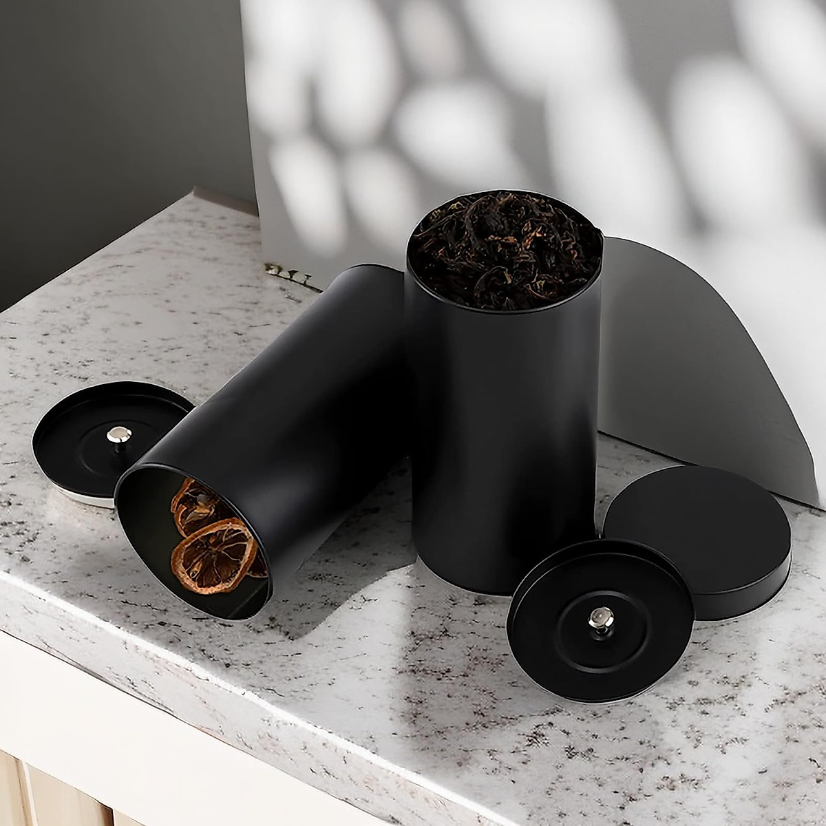 Yesland 6 Pack Tea Tin Canister with Airtight Double Lids, 32 Fl Oz Tin Can Box and Large Round Kitchen Canisters for Loose Tea, Coffee, Candy, Herbs and Spices(Black)