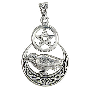 Sterling Silver Raven Crescent Moon Pentacle Pendant