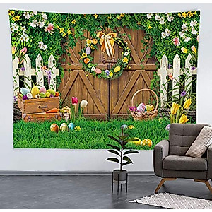 Maijoeyy 7x5ft Spring Easter Backdrop Wood Barn Door Green Grass Easter Photoshoot Background Easter Backdrops for Photography Spring Flowers Easter Photo Backdrop for Kids Easter Party