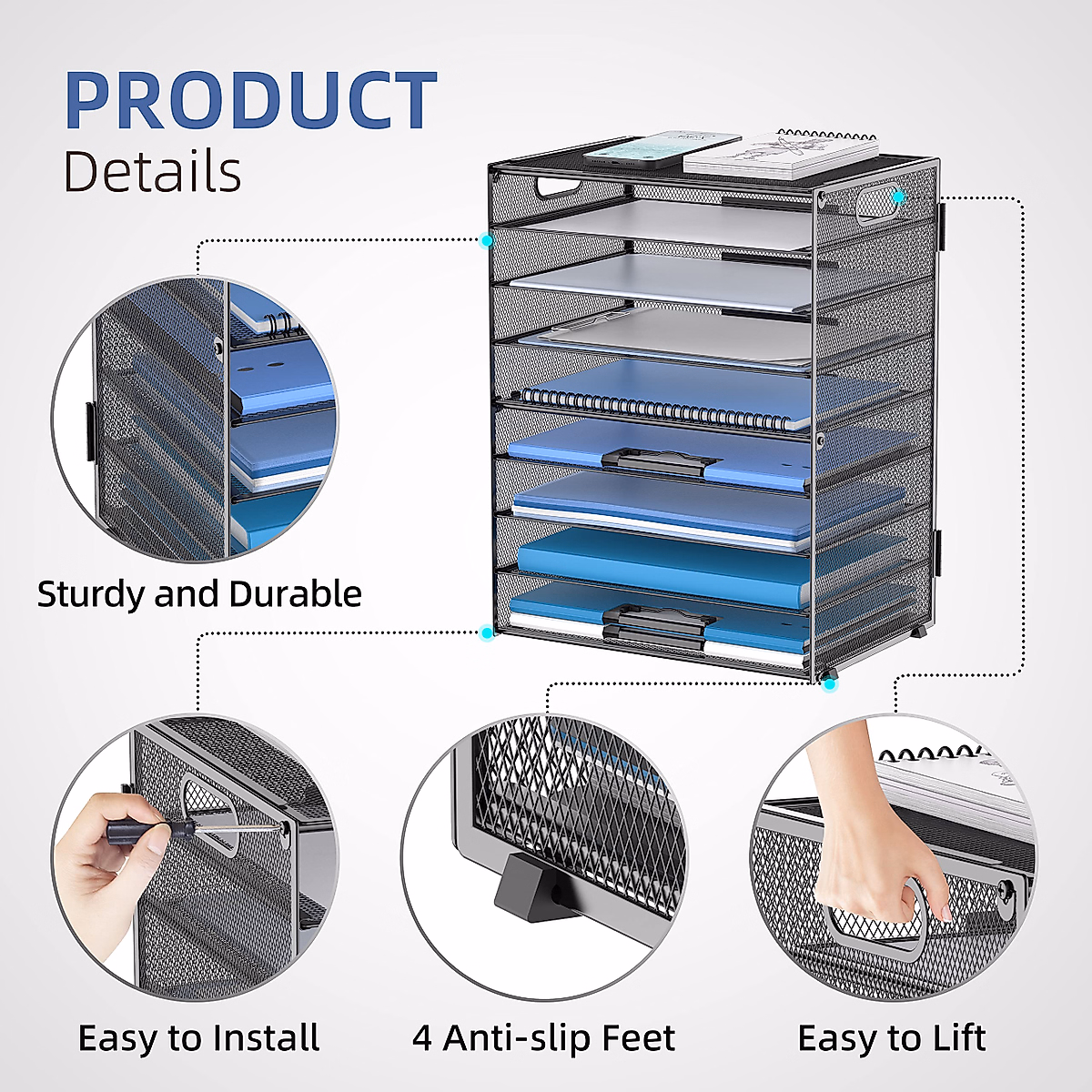 DALTACK 9-Tier Paper Letter Tray Desk Organizer with Handles, Mesh File Holder Organization, Paper Sorter Desk Organizer for Office Home School, Black 2 Pack