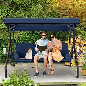 HOMREST 3 Seat Outdoor Porch Swing with Adjustable Canopy, Convertible Patio Swing Bed with Stand, Patio Glider Swing with Upgraded Cup Holder, Thicken Cushions ＆ Pillow for Backyard (Blue)