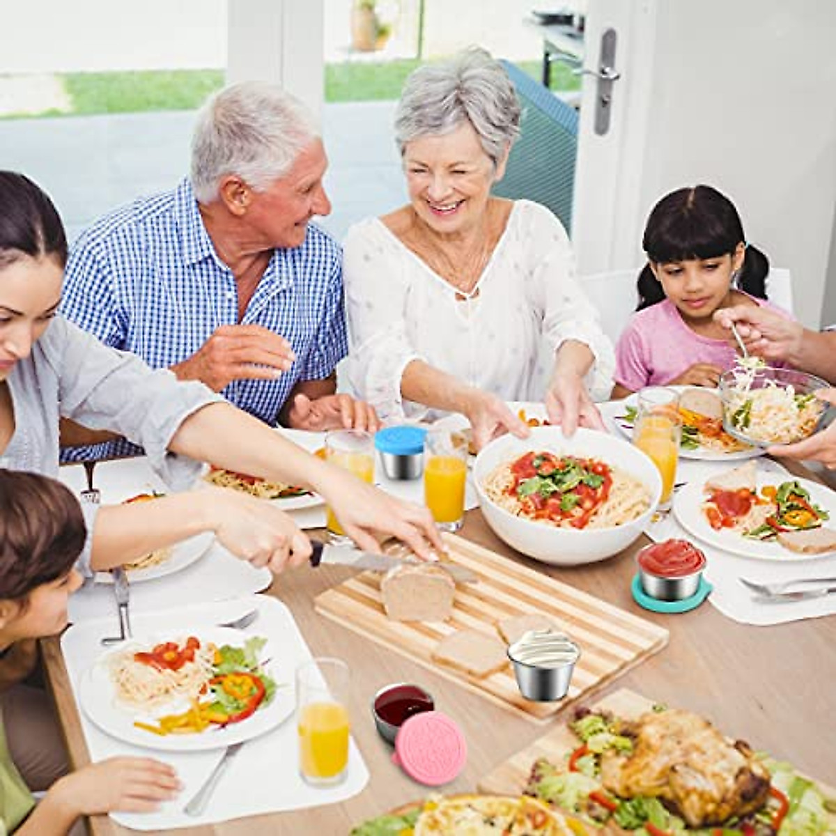 IWITHYOU 6pcs Salad Dressing Container, 3x1.6oz and 3x2.5oz Reusable Stainless Steel Cups with Silicone Lids, Bento Box Condiment Containers for Lunches Kids,Food Storage,Coffee Bean,Picnic,Travel