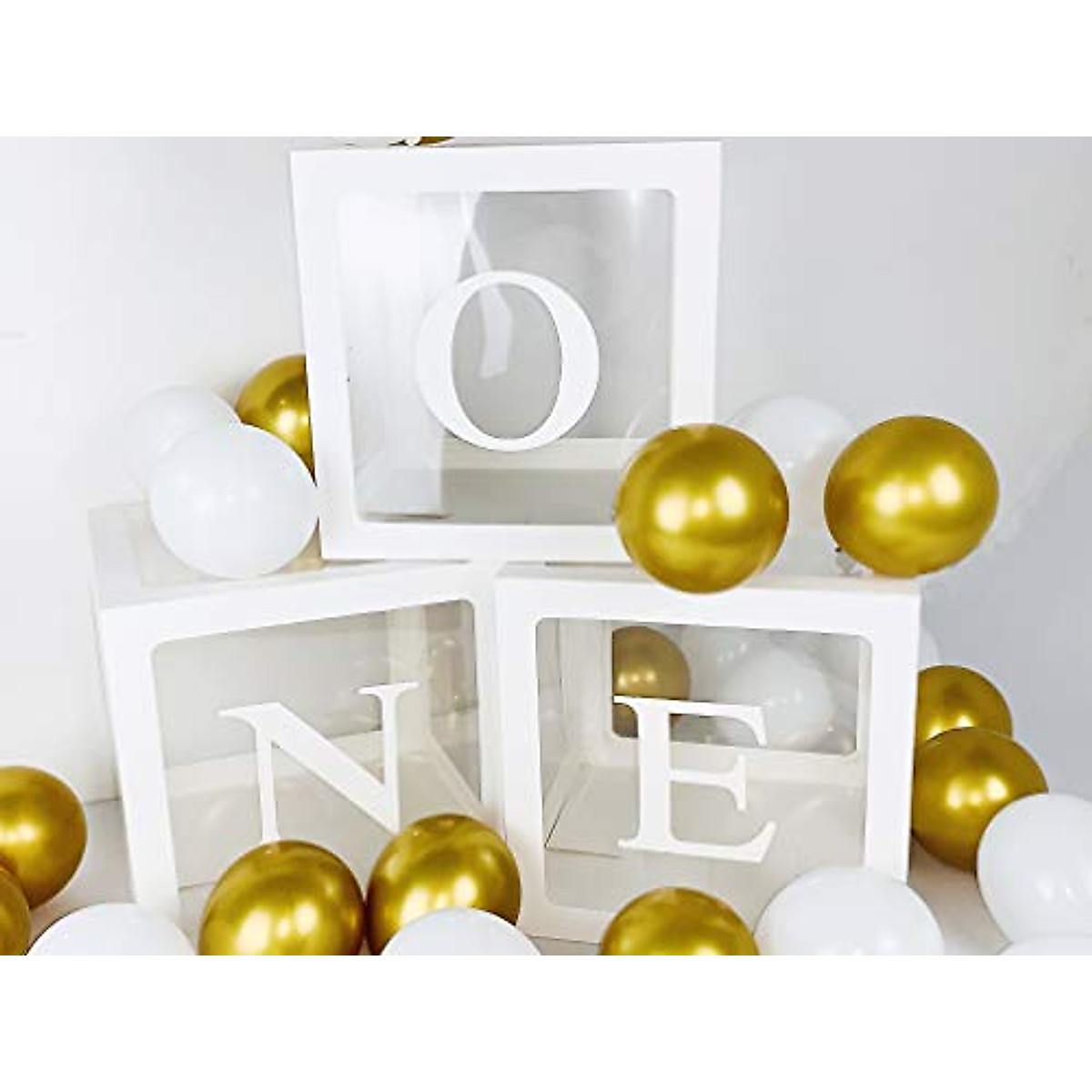 First Birthday Decorations for Boy Girls– ONE Balloon Boxes with 30 PCs metal gold balloon, white balloon for baby Party Decorations