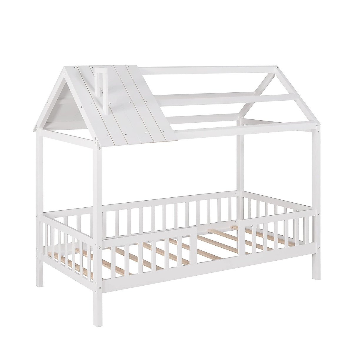 VilroCaz Twin Size Wood House Bed with Safety Full-Length Fence, Playhouse Design Tent Bed Platform Bed Frames with Roof, Strong Sturdy Wood Slats Support for Kids, Girls & Boys (White-Twin)
