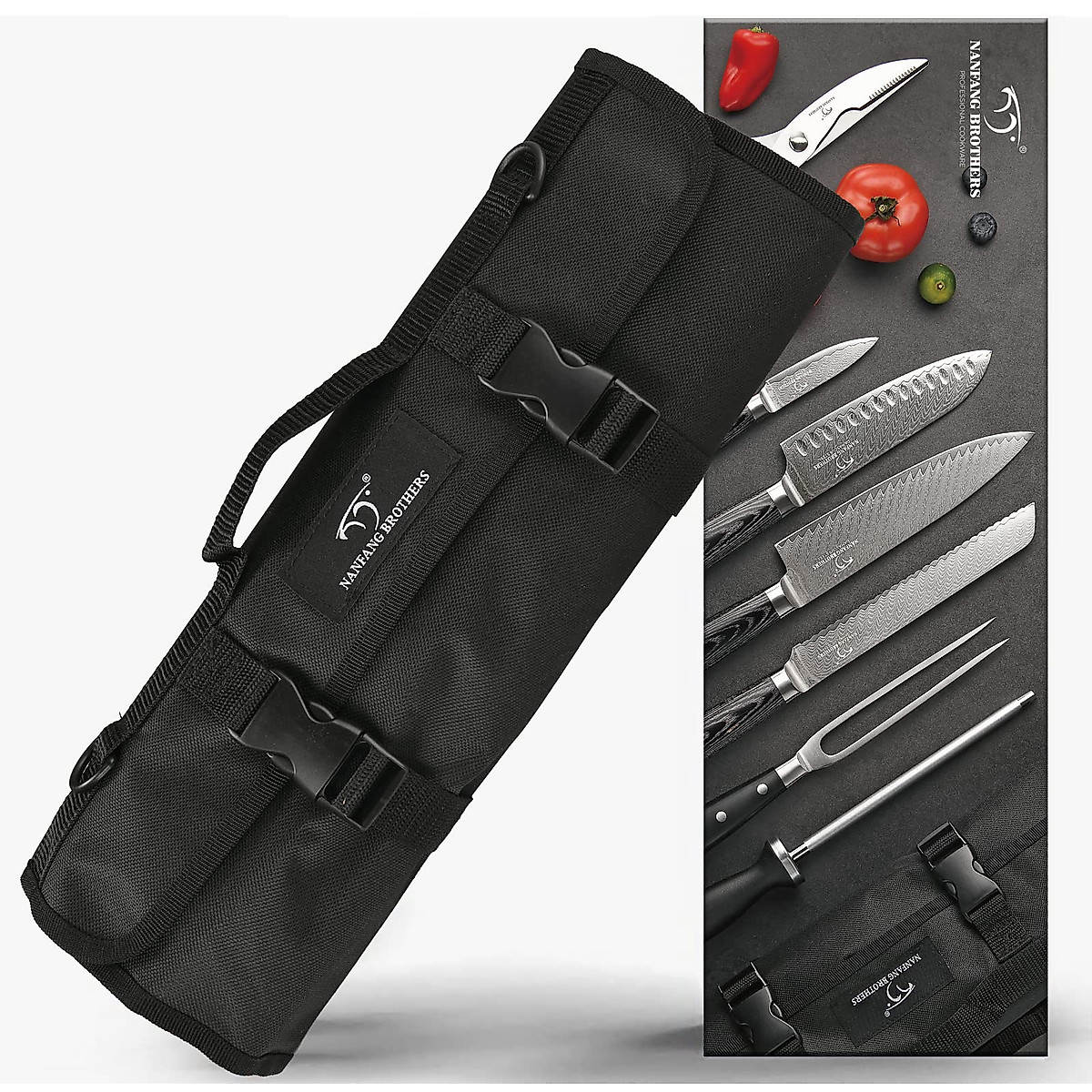 NANFANG BROTHERS Knife Set with Bag, 8 Pieces Damascus Steel Chef Knives with Portable Knife Roll Storage Bag, Blade Guards, Carving Fork, Sharpener and Kitchen Shears for Outdoor Camping BBQ Travel