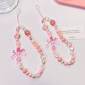 Showkanbay Phone Charms Strap,Pink Cute, Aesthetic Love Phone Chain Girl, Pearl Beaded Phone Lanyard Jewelry(strawberry)