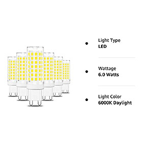 hansang G9 Led Light Bulb,6W Chandelier Light Bulbs (60W Halogen Equivalent),88PCS LED,6000K Daylight White,Non-dimmable,G9 Bi Pin Base,360 Degrees Beam Angle,600LM,Pack of 6