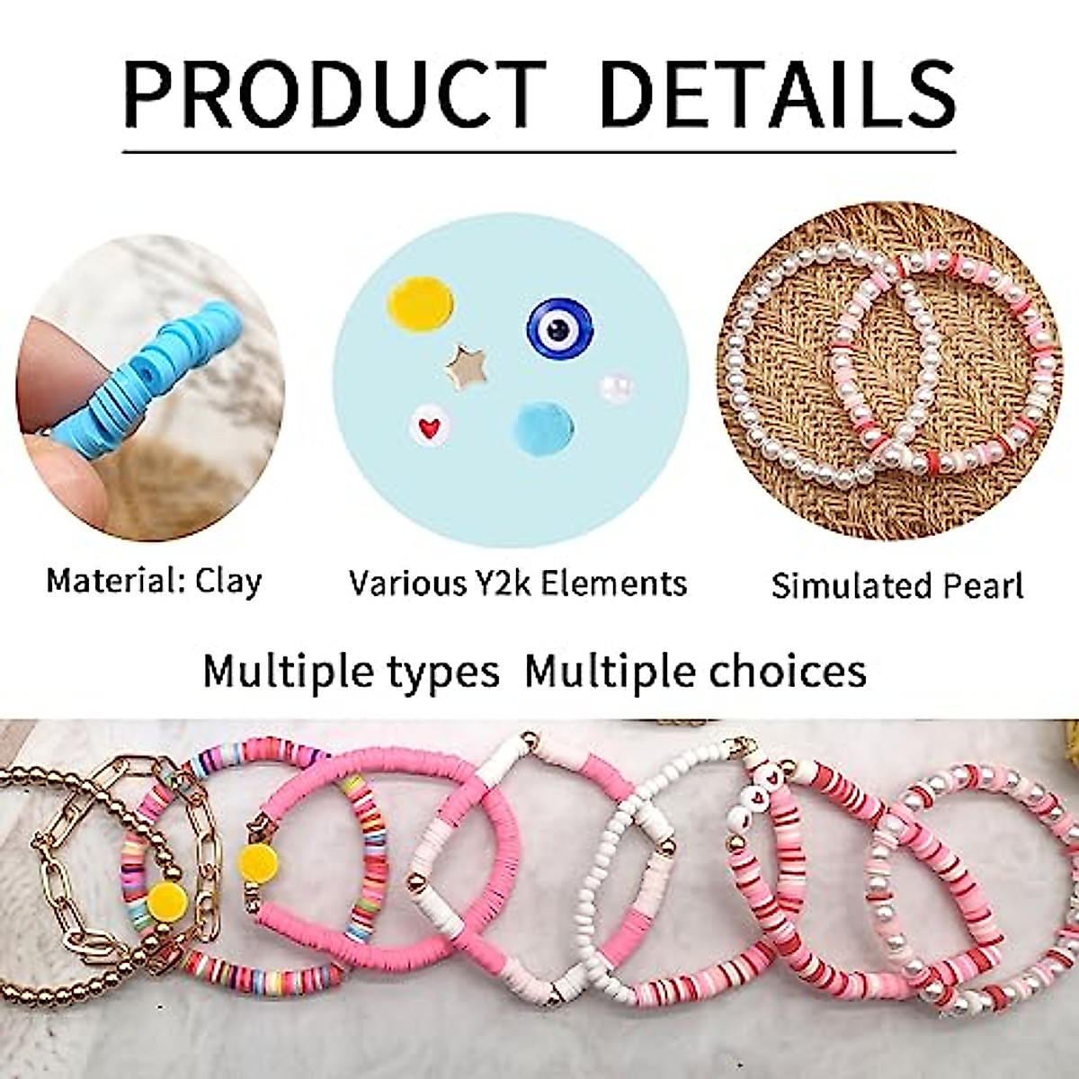 Svovin 58 Pcs Preppy Heishi Bracelets Set Colorful White Gold Heart Star Evil Eye Beaded Polymer Clay Pearl Stackable Charm Y2K Kidcore Summer Beach Bohemian Layering Bracelets Jewelry for Women