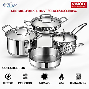 Vinod Classic Deluxe Stainless Steel Cookware Combo Set of 4 Pcs/Saucepan, Saucepot, Kadai and Frypan/Deep Kadhai for Cooking/Heavy Induction Bottom