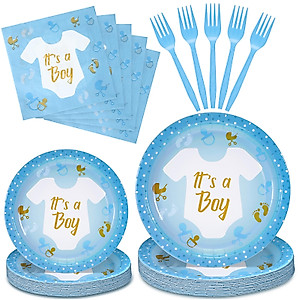 Tanlade 24 Sets Boy Baby Shower Plates and Napkins It's a Boy Plates and Napkins Disposable Baby Shower Party Supplies 48 Paper Plates 24 Forks 50 Napkins for Boys Gender Reveal Birthday