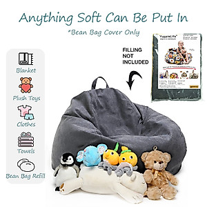 YuppieLife Stuffed Animals Bean Bag Chair Cover Candy-Colored Bean Bag（Just Cover, No Filling）/Large Stuff 'n Sit Organization/Toy Storage Bag/Kids Toys Organizer（27'',Dark Grey）