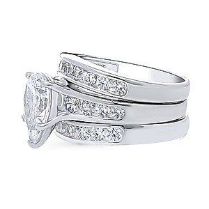 BERRICLE Sterling Silver Solitaire Wedding Engagement Rings 3 Carat Pear Cut Cubic Zirconia CZ Ring Set for Women, Rhodium Plated Size 5.5