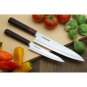 Yoshihiro 46 Layers Hammered Damascus Gyuto Chef Knife and Petty Utility Knife SET (Gyuto 8.25'' (210mm) & Petty 6'' (150mm), Rosewood Handle)