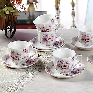 GuangYang China Tea Cups and Saucers Set of 6-7ounce/200ml - Tea Gift Sets for Adults - Purple Floral Porcelain TeaCup with Saucer for Tea Party(Total 12 Pieces)