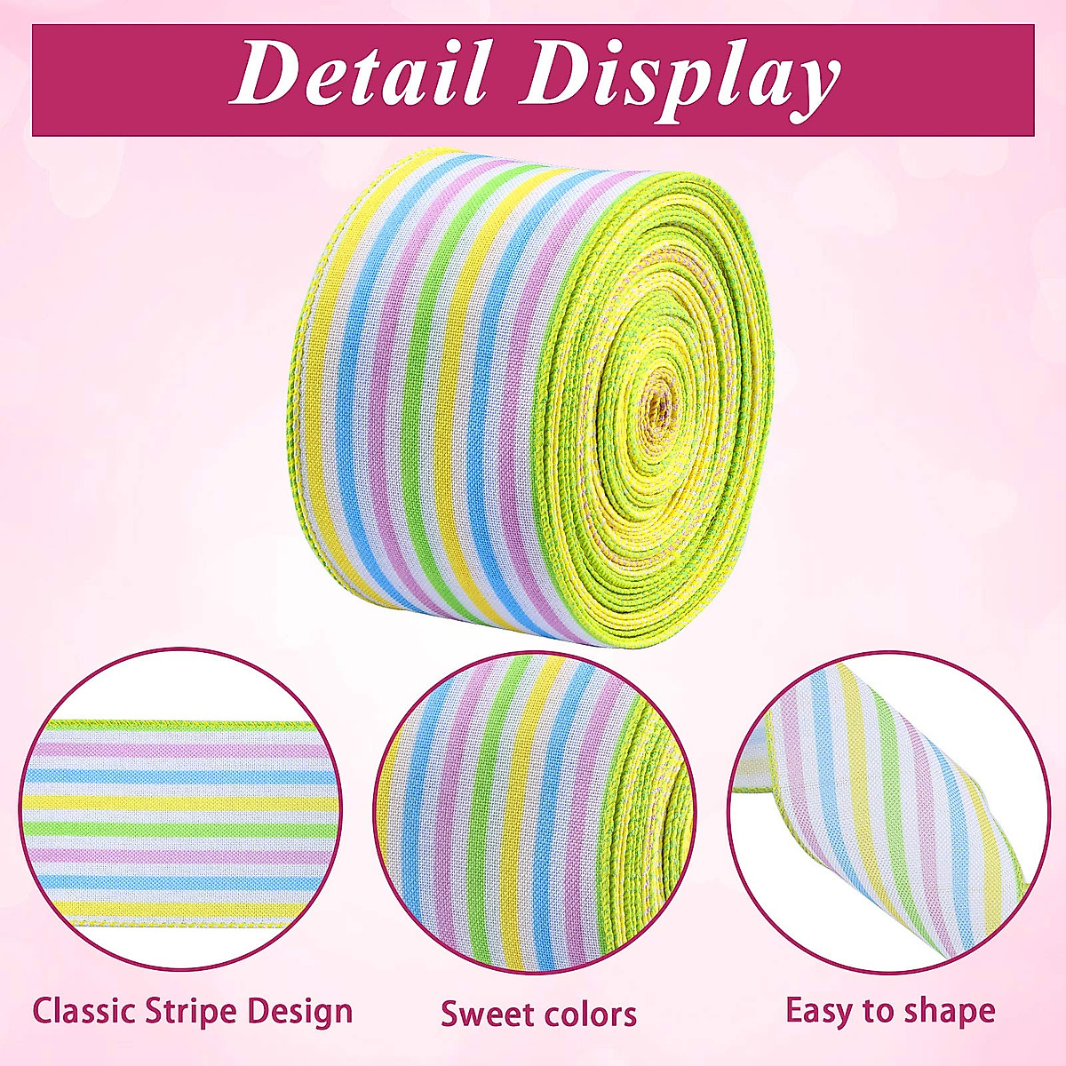 20 Yards Easter Spring Stripe Wired Edge Ribbons 2.5 Inch Stripe Burlap Ribbons Wired Easter Ribbon Easter Ornament Hanging Decorations for Easter Wrapping DIY Crafts Decoration