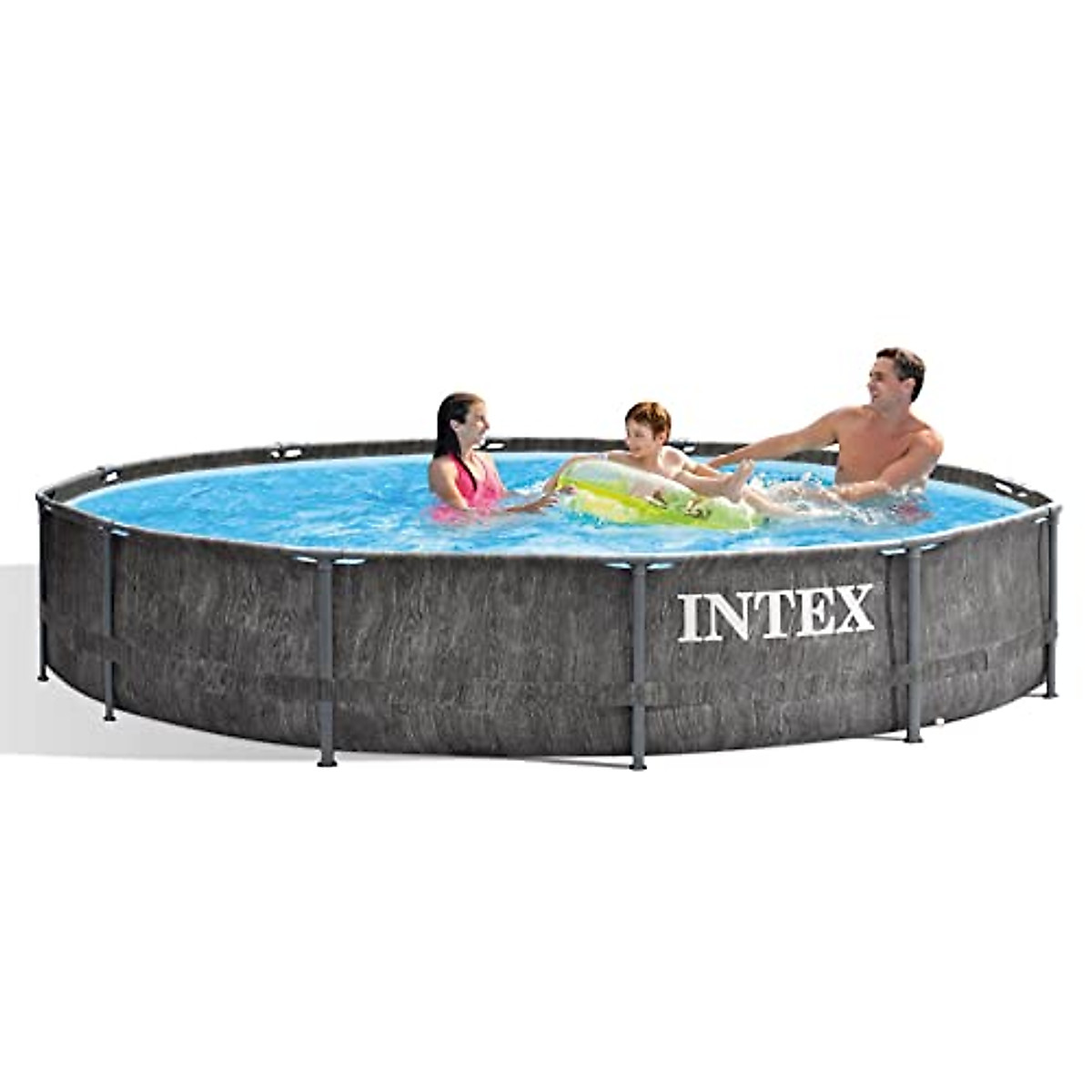 Intex Greywood Prism Frame 12' x 30" Round Above Ground Outdoor Swimming Pool with 530 GPH Filter Pump, Grey Woodgrain Design