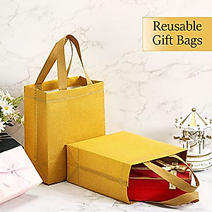 48 Pack Reusable Bags for Gifts Metallic Tote with Handles Glitter Gift Bags Bling Non Woven Bags for Weddings Birthday Party Favor Grocery Bridesmaids Easter (Gold, 6.5 x 3.1 x 7.8 Inch)