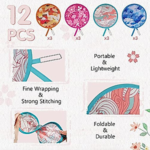 12 Pcs Round Japanese Style Foldable Hand Fan Summer Flower Handheld Folding Fan 4 Patterns Collapsible Handheld Fan Foldable for Women Girls Daily Use Festival Wedding Party Favors Home Decorations