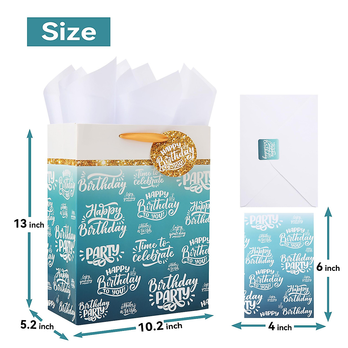 13" Large Green Gift Bag for Men's or Women's Birthday Party, Boys', Girls', or Kids' Party, Baby Showers, Baby Boys or Girls