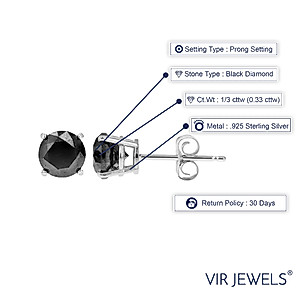 Vir Jewels 1/3 cttw Black Diamond Stud Earrings .925 Sterling Silver Round with Push Backs