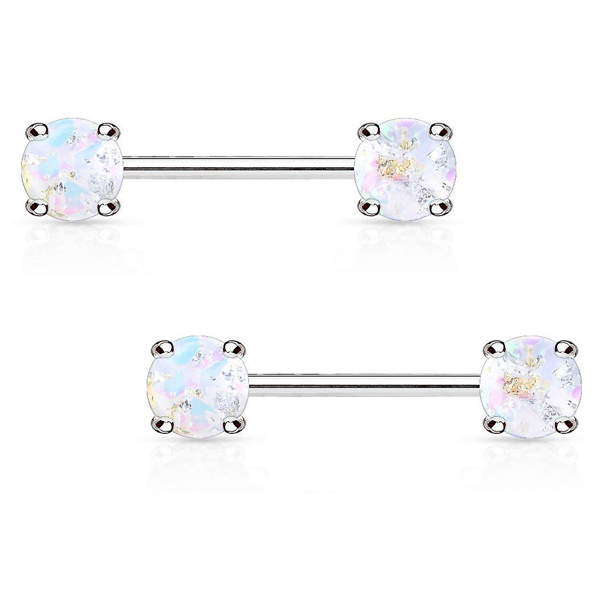 Forbidden Body Jewelry Pair of Surgical Steel 9/16 Inch (14mm) Glittery Faux Opal Stone Sexy Nipple Barbells, Clear