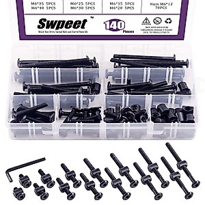 Swpeet 141Pcs Black M6 × 15/20/25/30/35/40/45/50/55/60/65/75/80mm Crib Hardware Screws Kit, Hex Socket Head Cap Crib Baby Bed Bolt and Barrel Nuts with 1 x Allen Wrench Perfect for Furniture