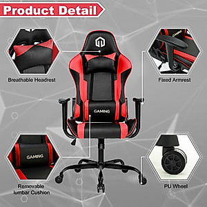 GOTMINSI Computer Gaming Chair with Headrest and Lumbar Cushion, Ergonomic Gaming Chair Office Chair 290lbs for Adults, Video Game Chairs Racing Chair High Back Leather Adjustable, (BK/Red)