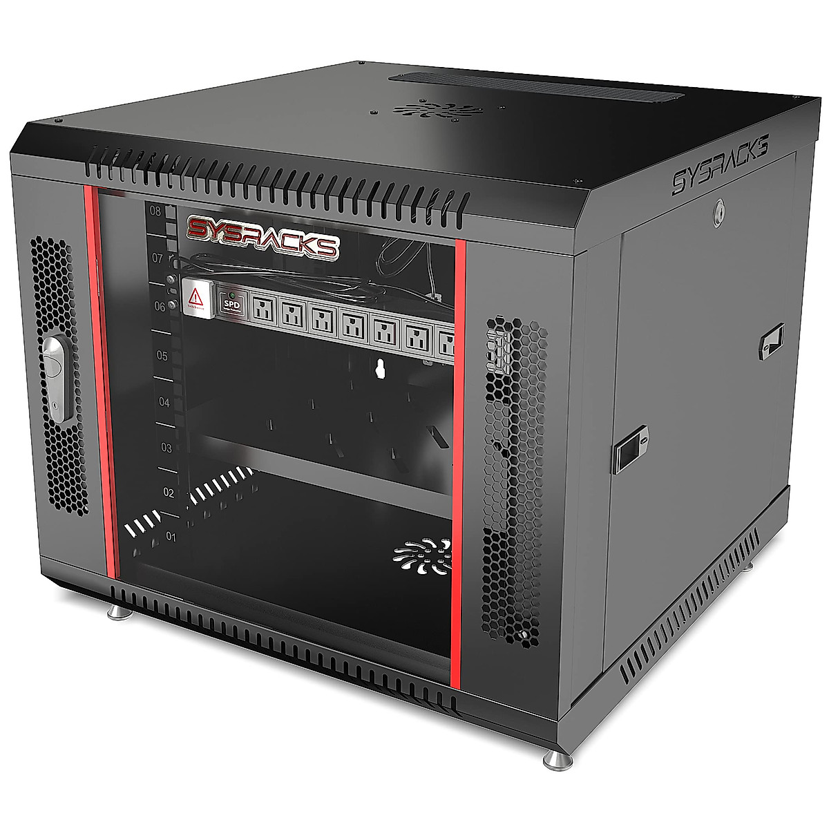 Sysracks 9U Wall Mount Network Data Server Cabinet Rack Lockable Enclosure Box - Fan - Shelf - 8-Way PDU - Feet - Cage Hardware - Dust Tight Grommets
