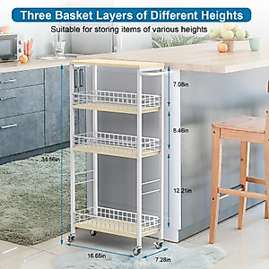 Slim Storage Cart 4-Tier Rolling Kitchen Utility Cart White Narrow Slide Out Laundry Storage Cart on Wheels and Wood Table Top Mobile Shelving Unit Organizer Trolley for Bathroom Small Space 7.3 W